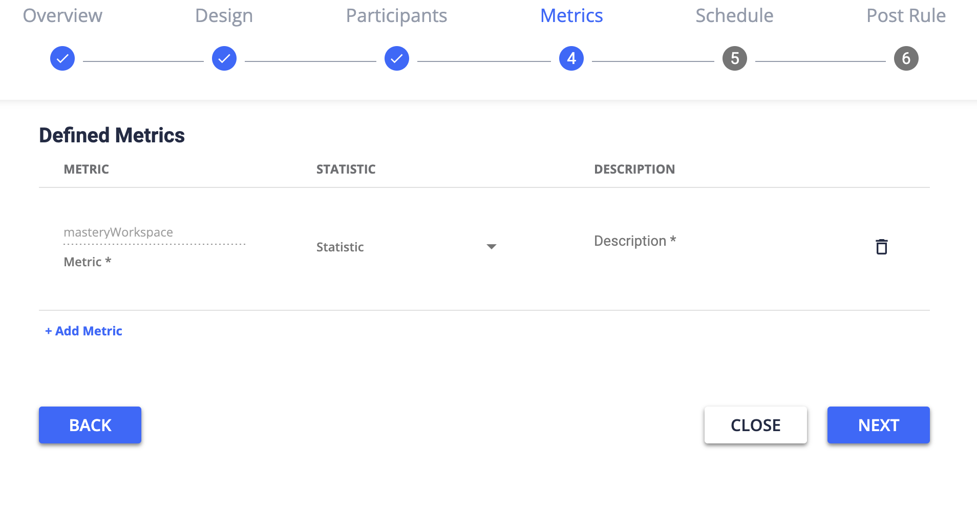 When a masteryWorkspace metric value is selected, the Key, Metric, and Repeat Measure fields ...
