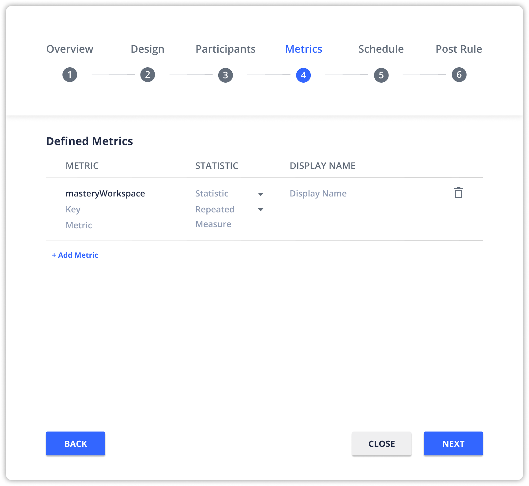 When a masteryWorkspace metric value is selected, the Key, Metric, and Repeat Measure fields ...