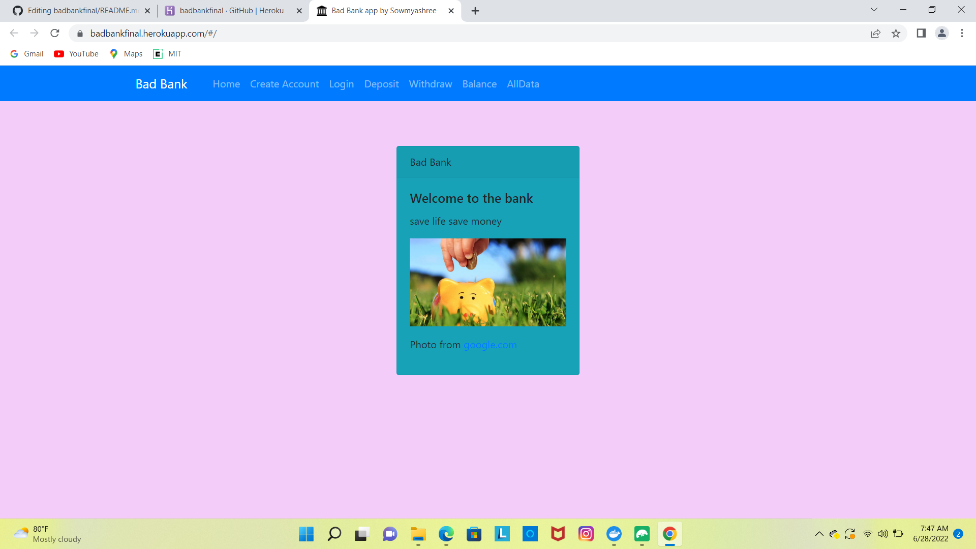 GitHub - sowmyashreek/badbankfinal: This Full-Stack Banking Application was created as a ...