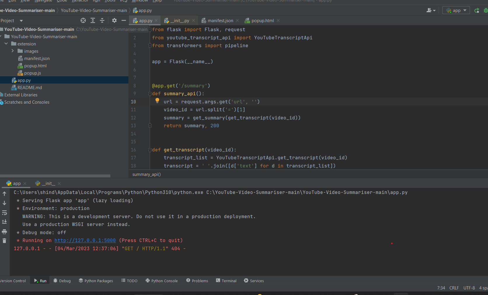 404 error internal server error · Issue #1 · AryenSinghal/YouTube-Video-Summariser · GitHub