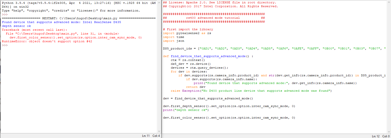 unity - ExternalException - rs2_get_option_range and option:Inter Cam ...