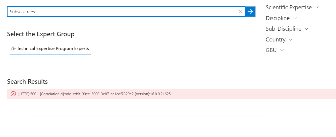 Search results showing Error " [HTTP]:500 - [CorrelationId]:bcaaee9f ...