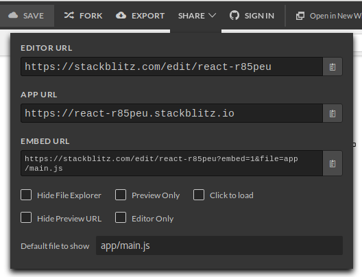 Posted applications have an invalid share URL prior to forking · Issue #585 · stackblitz/core ...