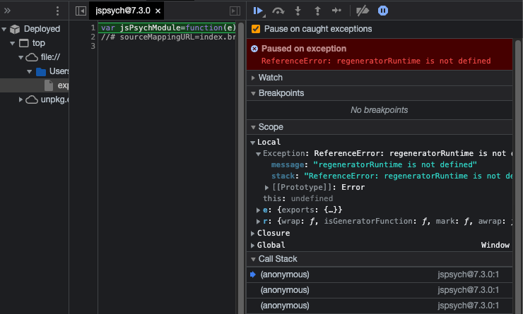 Uncaught Referenceerror Regeneratorruntime Is Not Defined In Jspsych 722 With Cdn Method