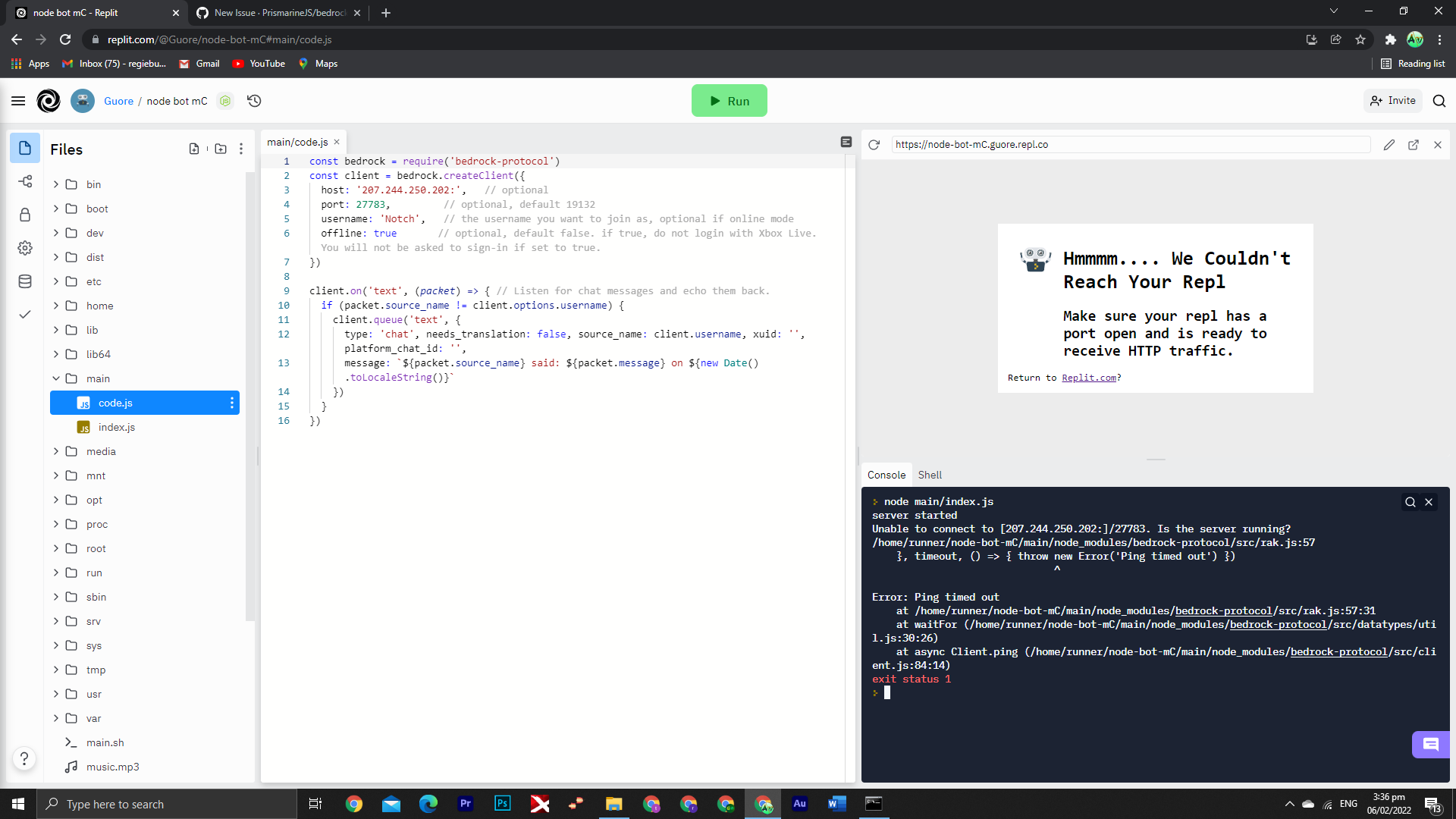 HOW TO RUN IN REPLIT · Issue #176 · PrismarineJS/bedrock-protocol · GitHub