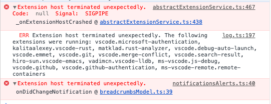 VSCode: Extension host terminated unexpectedly · Issue #6718 · rust-lang/rust-analyzer · GitHub