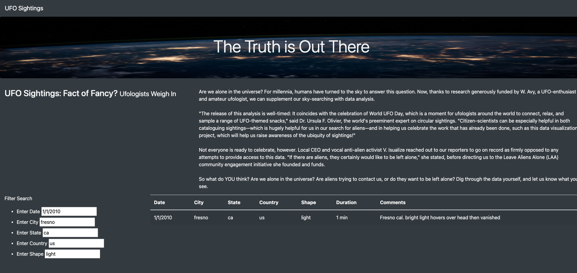 GitHub - megroma/UFOs: The webpage has a dynamic table that is filtered based on user input