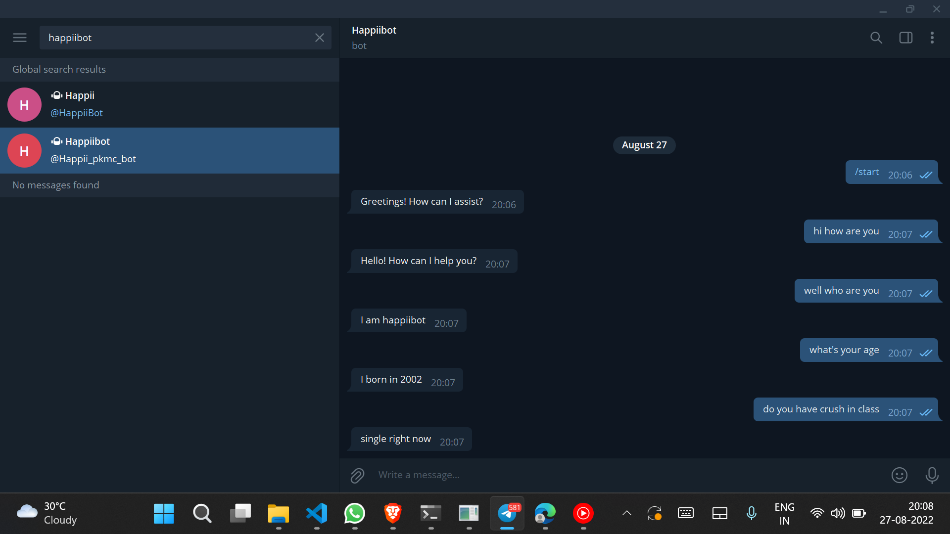 GitHub - MANTHAN137/HappiiBot: HappiiChat bot using Dialogflow , Html , Telegram