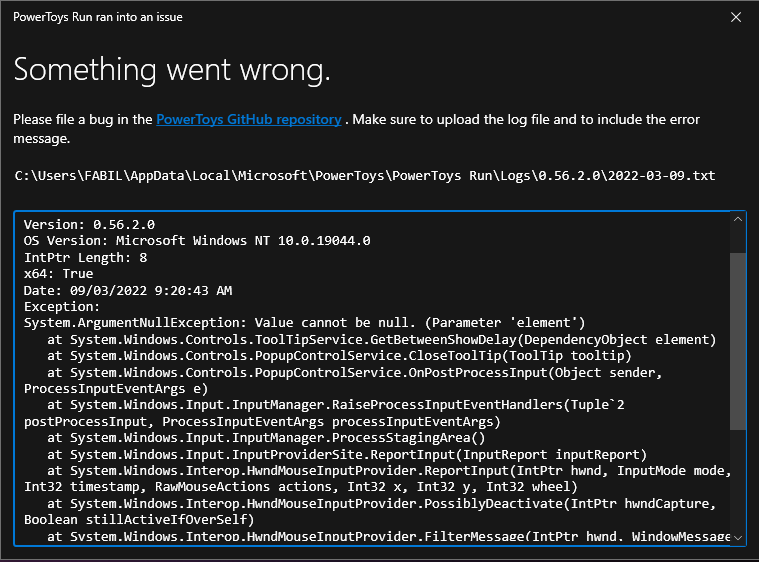 Error Popup Bug Tray (Something went wrong) · Issue #16913 · microsoft/PowerToys · GitHub