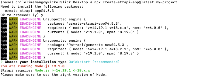 Strapi requires Node.js >=14.19.1