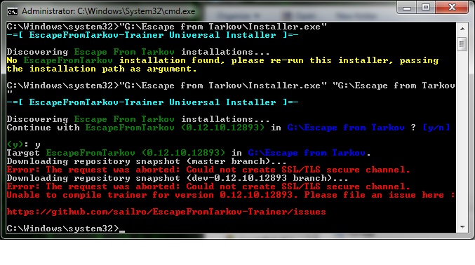 Could not create SSL/TLS secure channel · Issue #81 · sailro/EscapeFromTarkov-Trainer · GitHub
