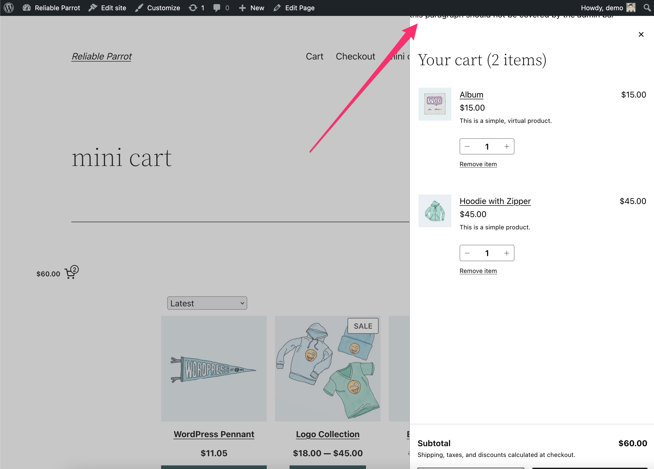 Custom Mini Cart Block Contents Get Covered By The Admin Bar · Issue 6594 · Woocommerce 