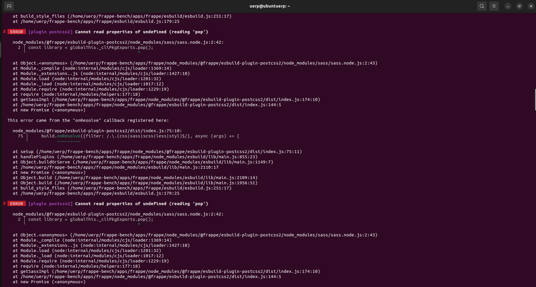 ERROR: [plugin postcss2] Cannot read properties of undefined · Issue #1491 · frappe/bench · GitHub