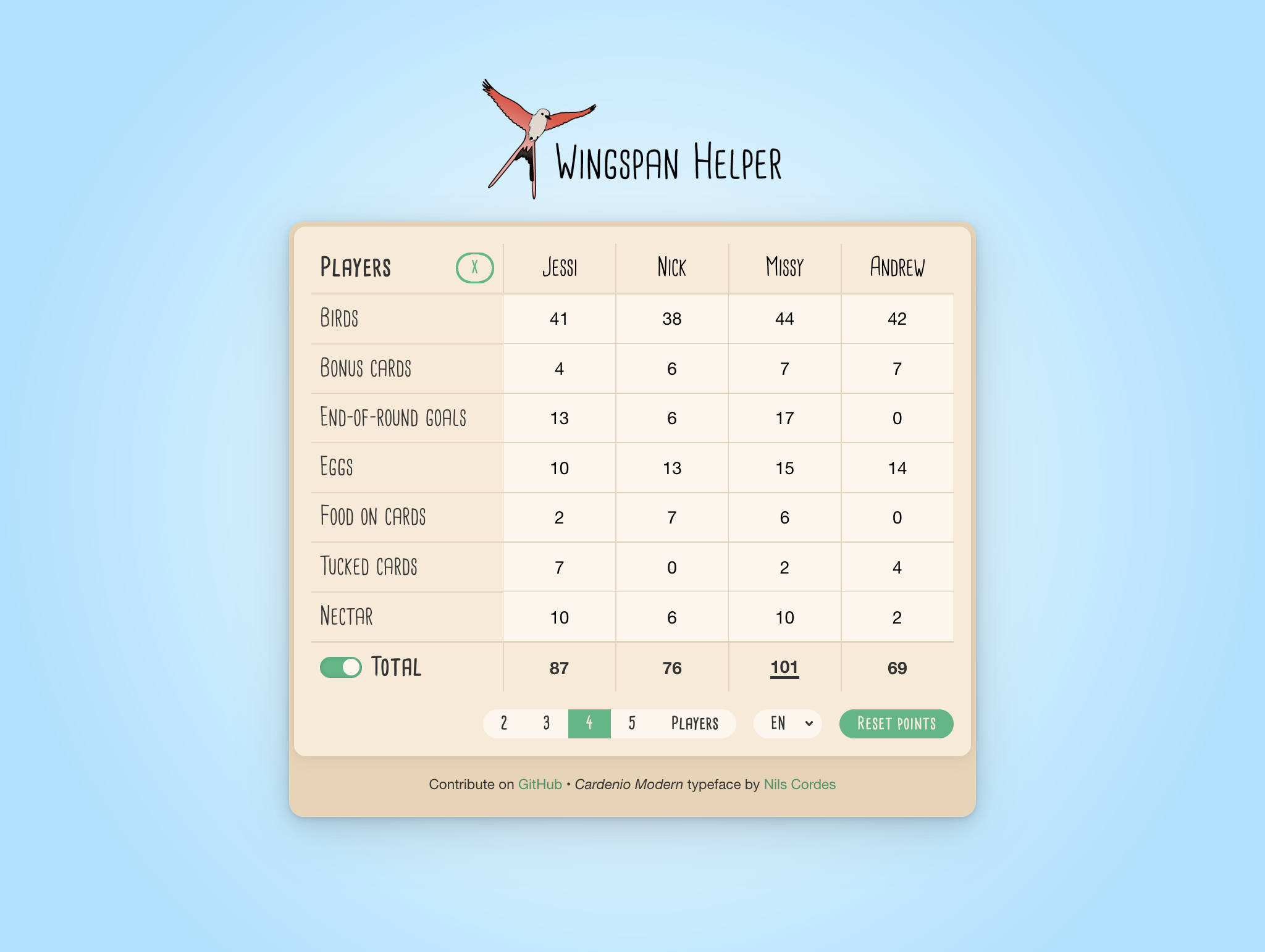 GitHub - greengiraffe/wingspan-helper: A digital scoresheet for the ...