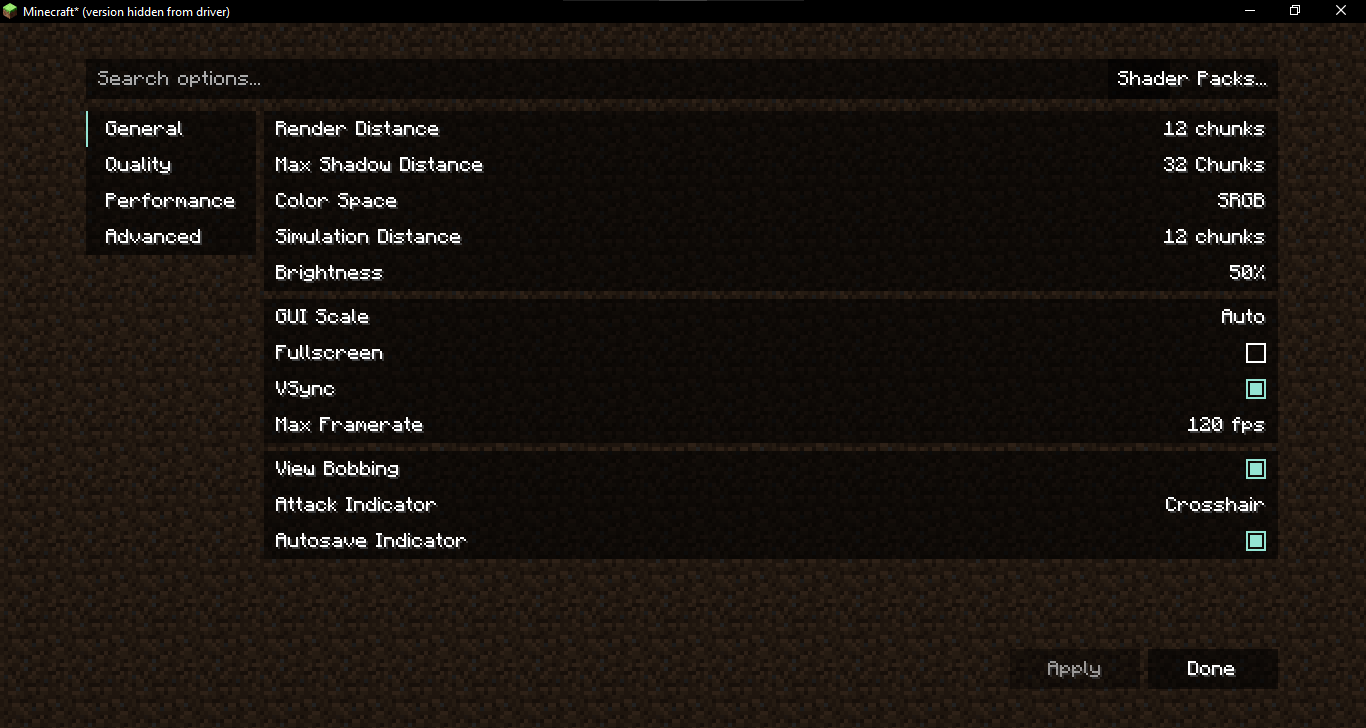 Search Bar Partially Overlaps Shader Pack Button Version 16x