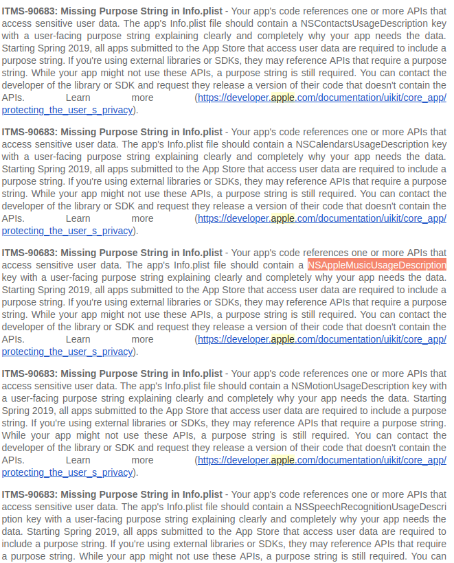 Apple is rejecting flutter apps, throwing "Missing Purpose String in Info.plist File" for ...