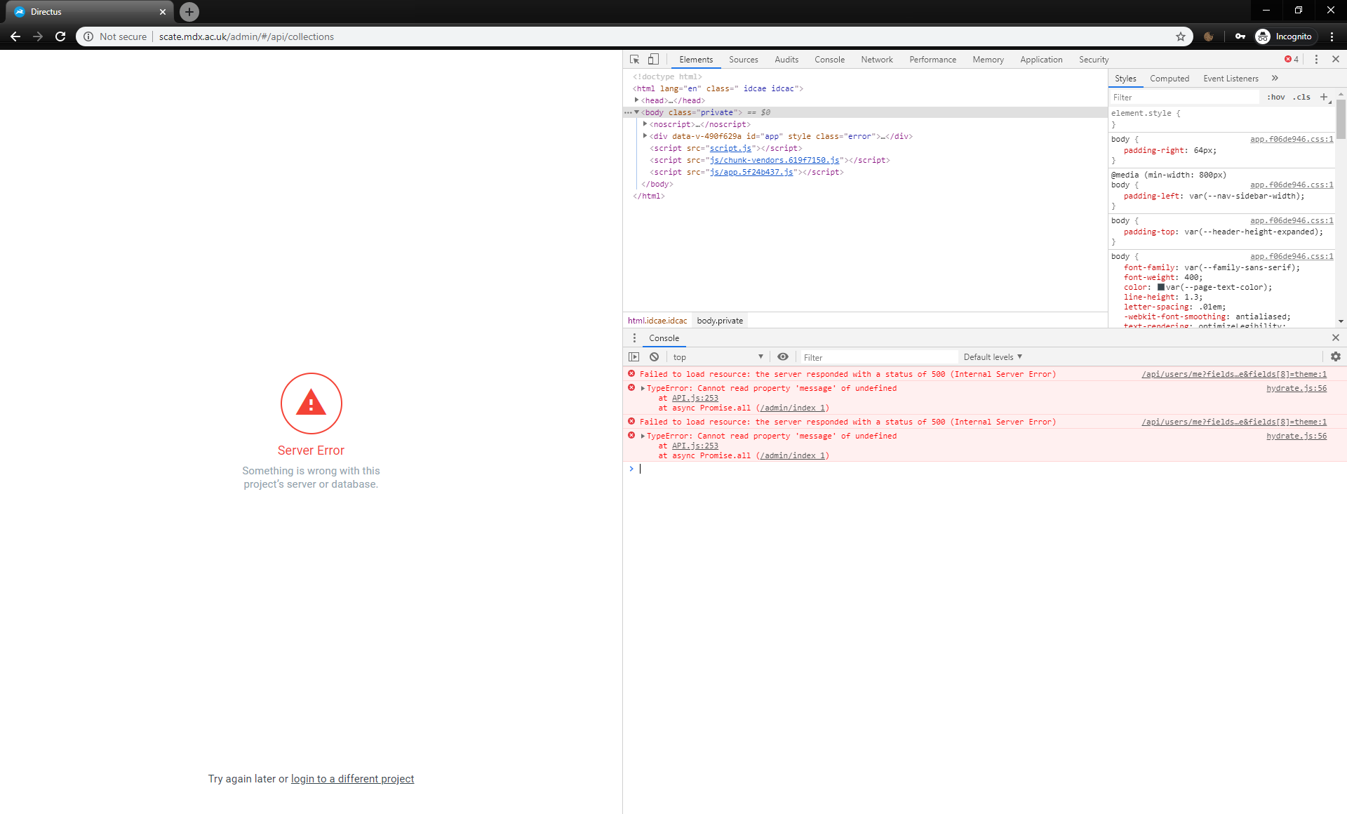 Server error page after logging it · Issue #2626 · directus/directus ...