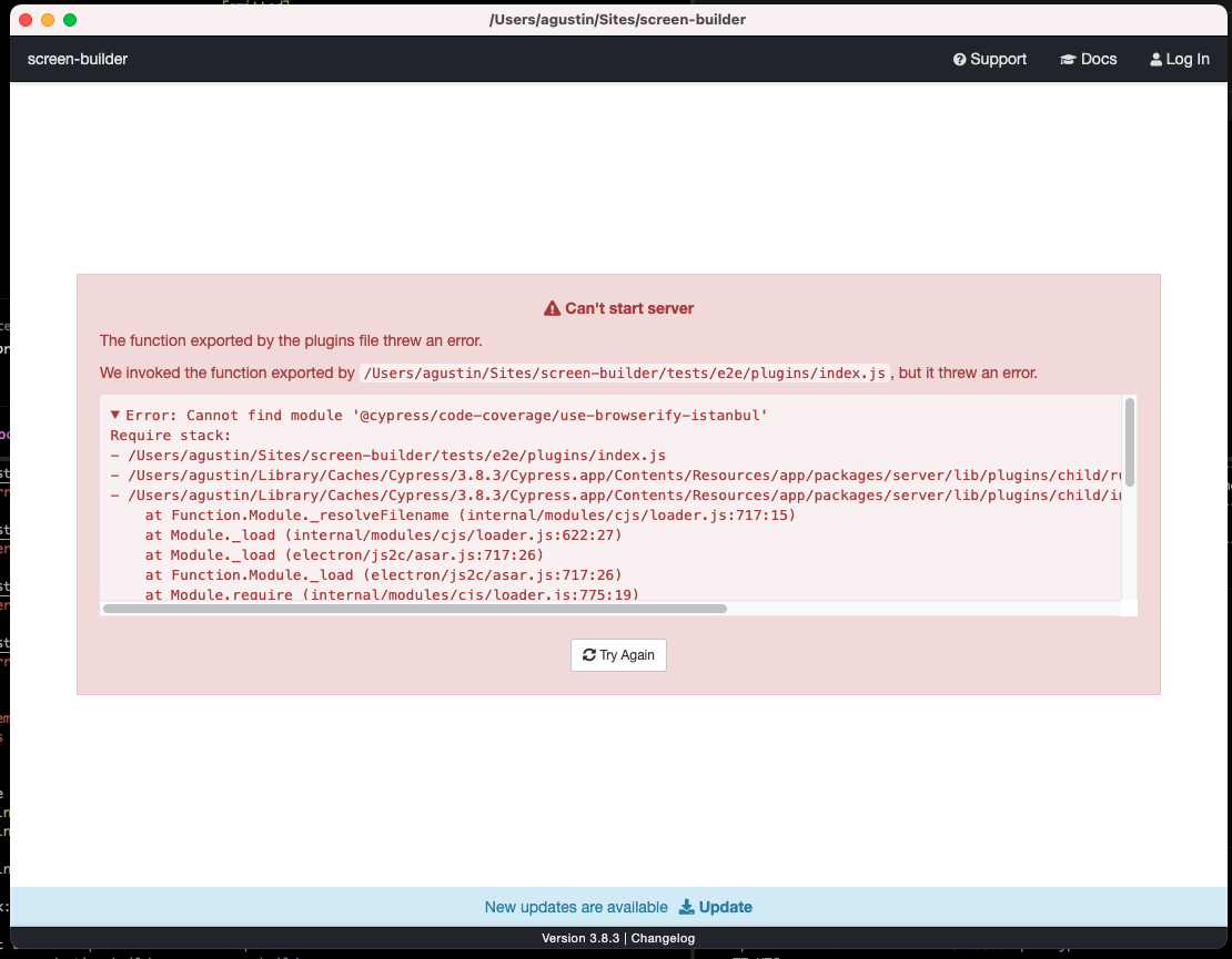 Bugfix/FOUR-6617: Create PR to address not being able to run cypress locally (screen builder) by ...