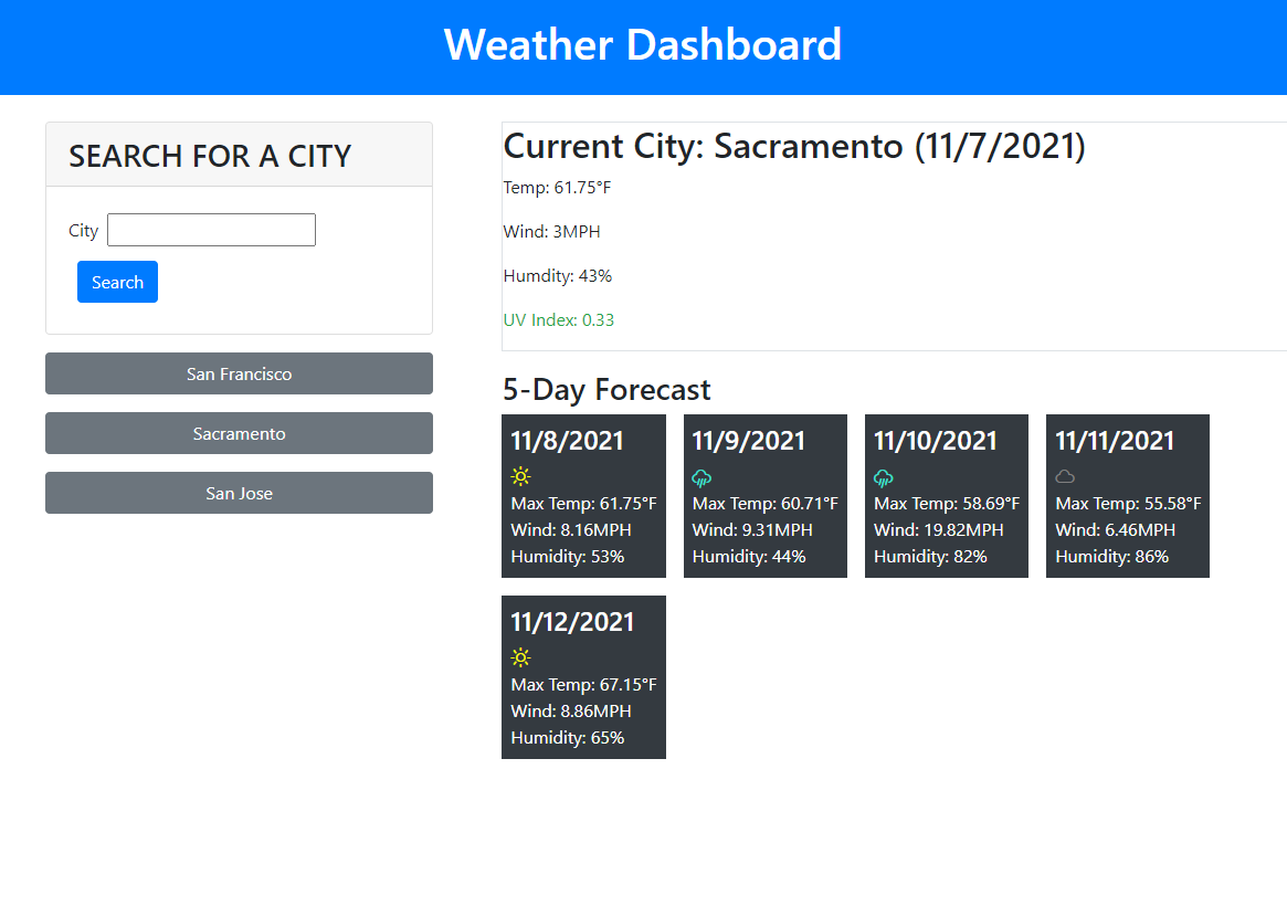 GitHub - limichael97/Weather-Dashboard: Using server-side API to retrieve weather data for cities
