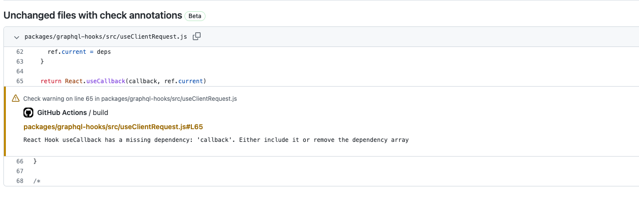 Unchanged files with check annotations shows a warning in `useClientRequest.js` on line 65 ...