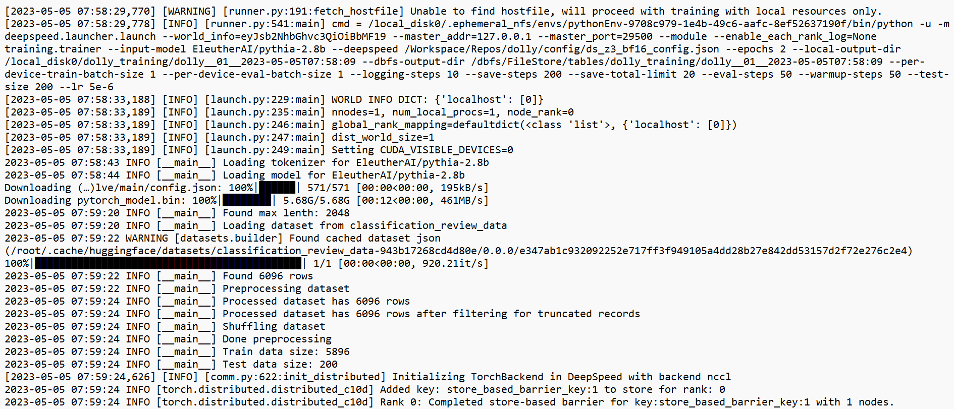 [BUG] Getting error when running deepseed in dolly training with exits with return code = -9 ...