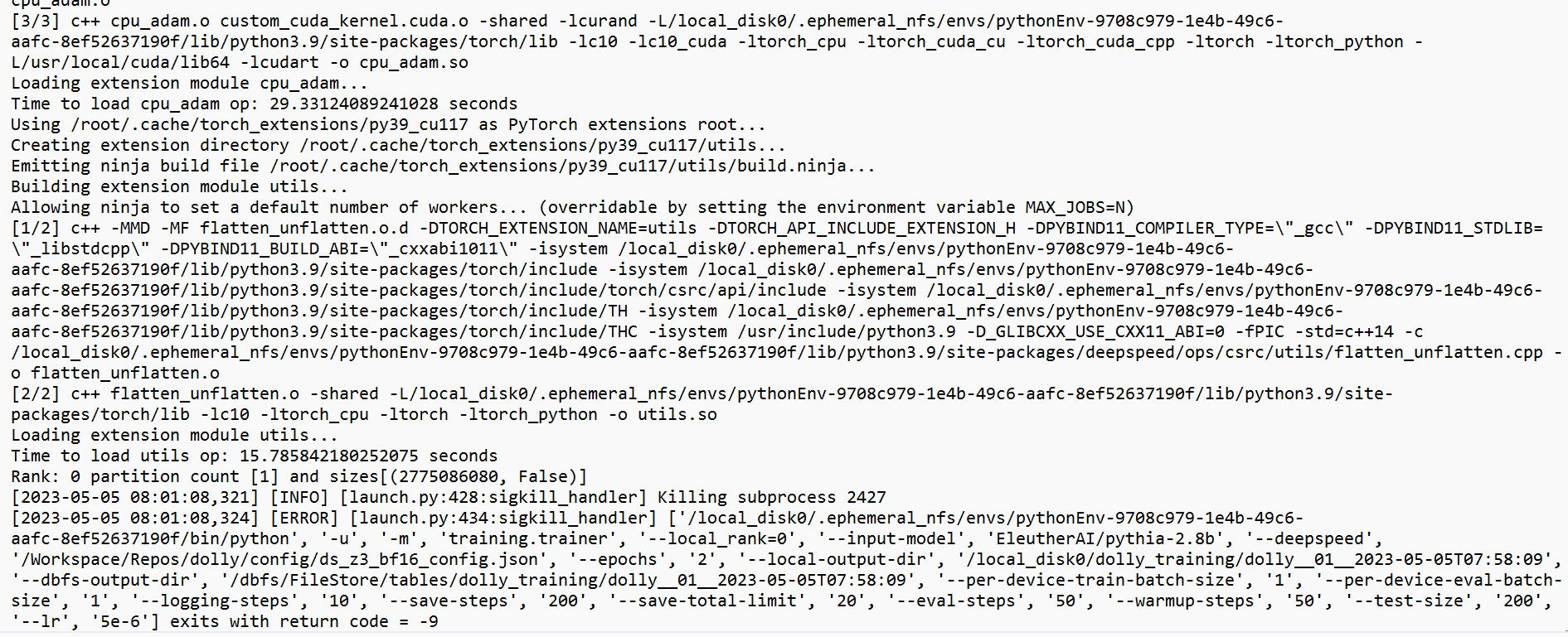 [BUG] Getting error when running deepseed in dolly training with exits with return code = -9 ...