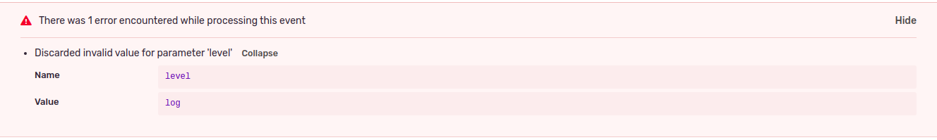 Discarded Invalid Value For Parameter Level Log · Issue 2530 · Getsentrysentry Javascript