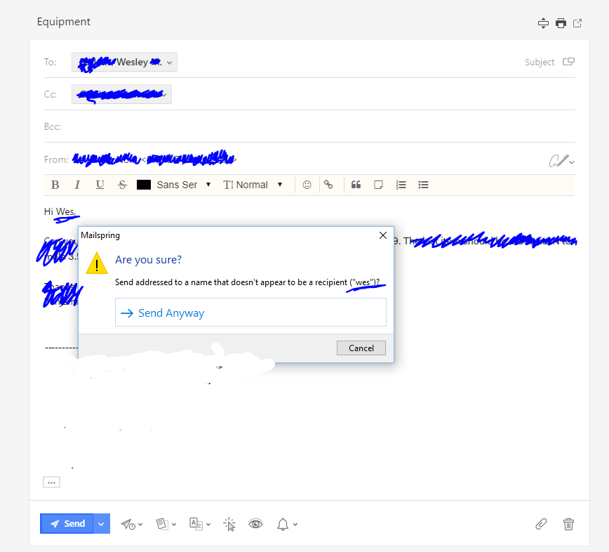 Message won't send because email address in to field are not recognized ...