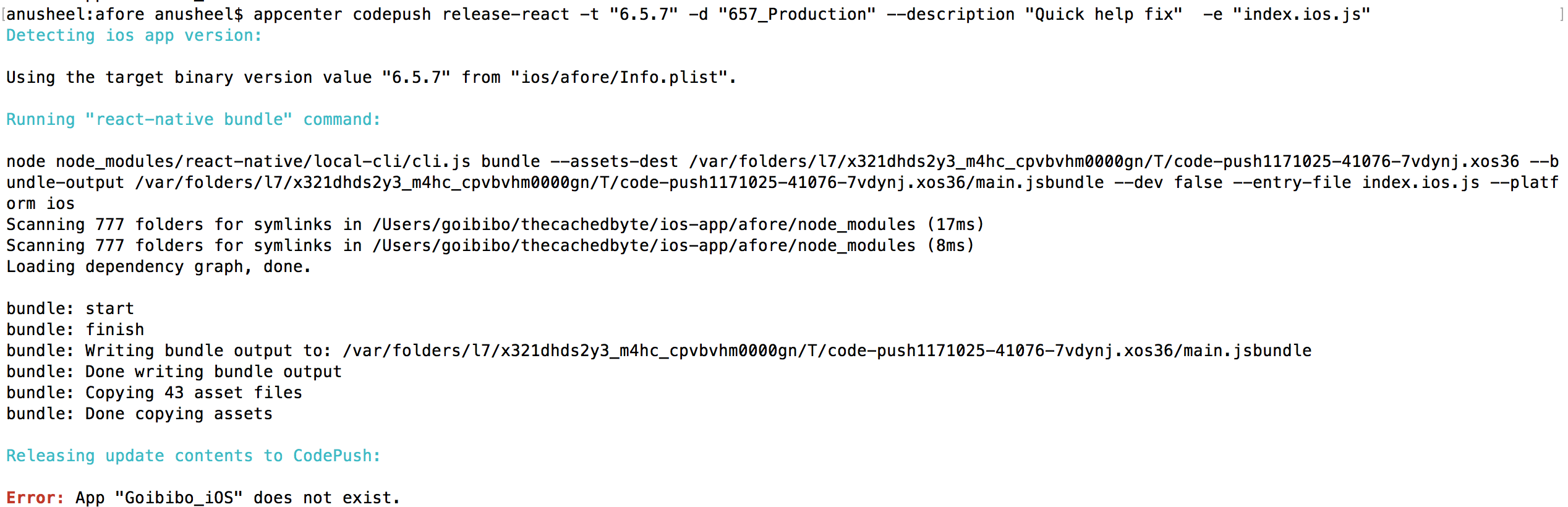 [Error] App "XXX" does not exist. · Issue #1083 · microsoft/react-native-code-push · GitHub
