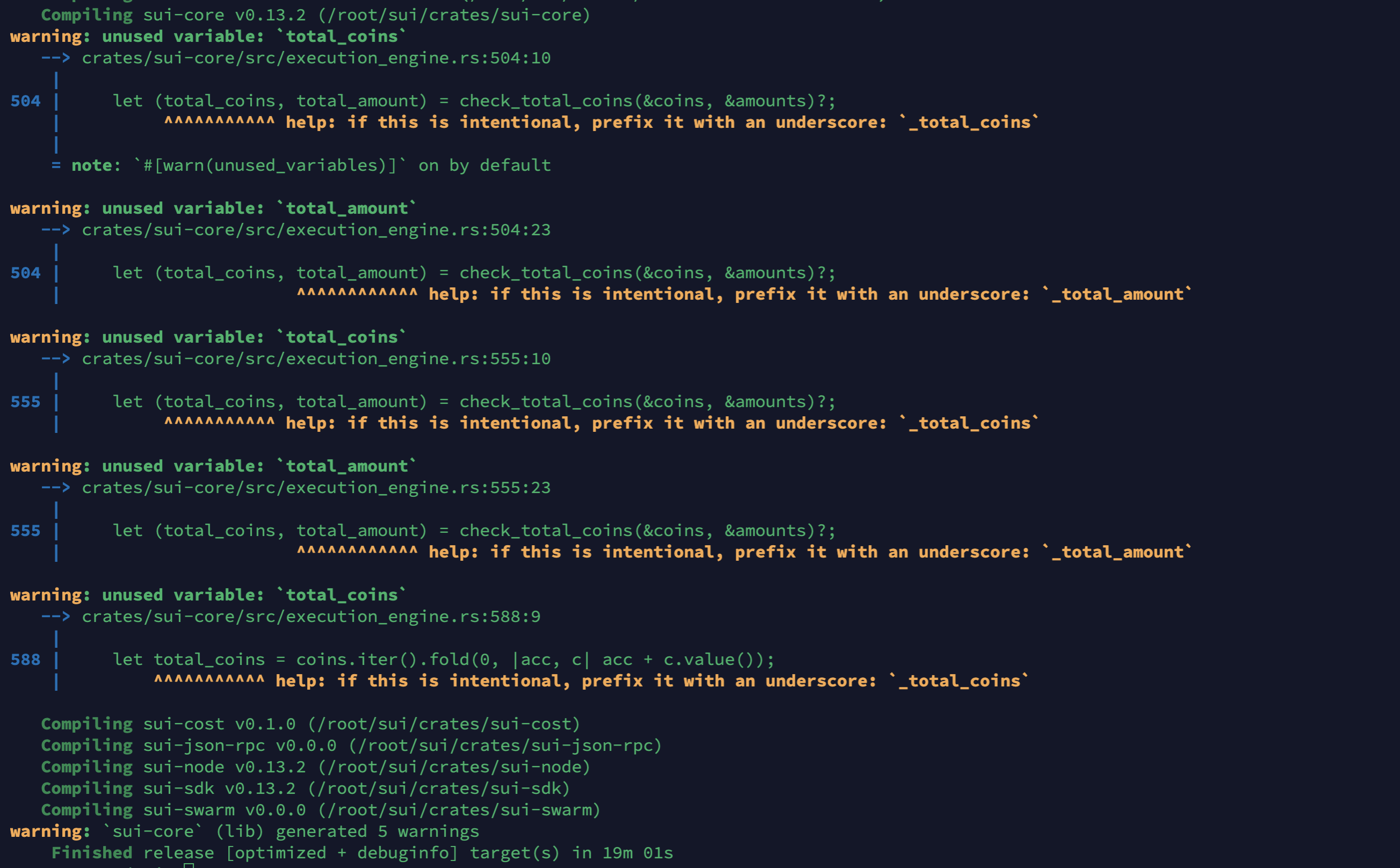 build cargo release 0.13.0 & 0.13.2 `sui-core` (lib) generated 5 warning · Issue #5663 ...