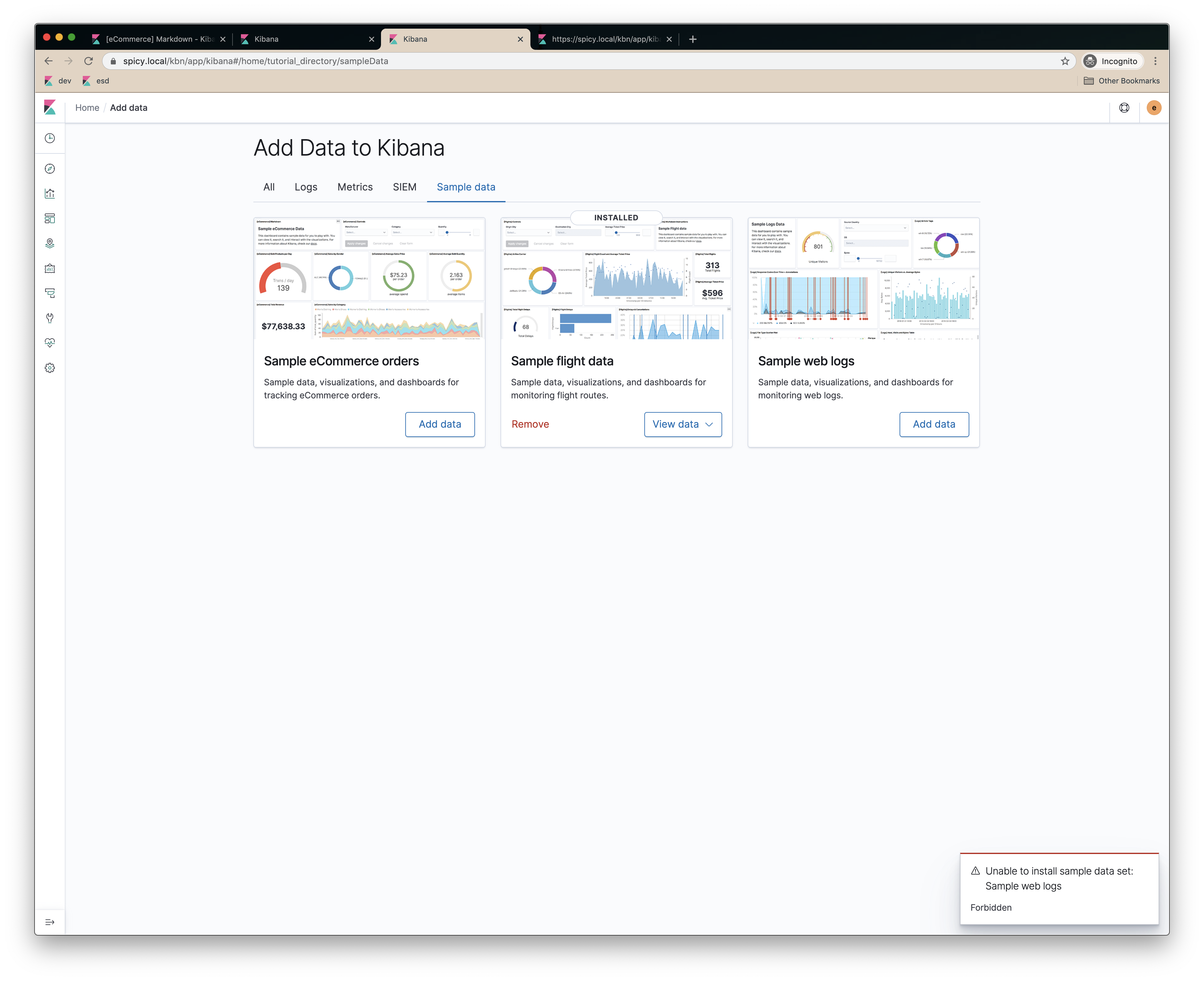 [Sample Data] Error encountered when installing Sample Data set · Issue #58758 · elastic/kibana ...
