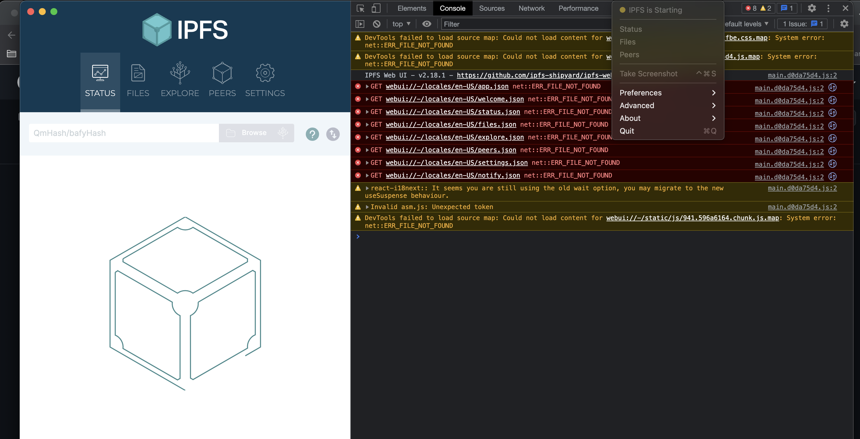 Installed On Mac But Tray Bar Show Ipfs Is Starting Forever · Issue 2307 · Ipfs Ipfs Desktop