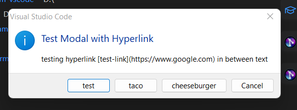 Difference in way hyperlink is rendered in showInformationMessage when ...