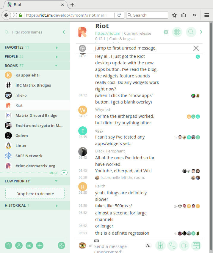 If riot is narrow enough, such that 'Send a message (unecrypted)' wraps to a second line, the ...