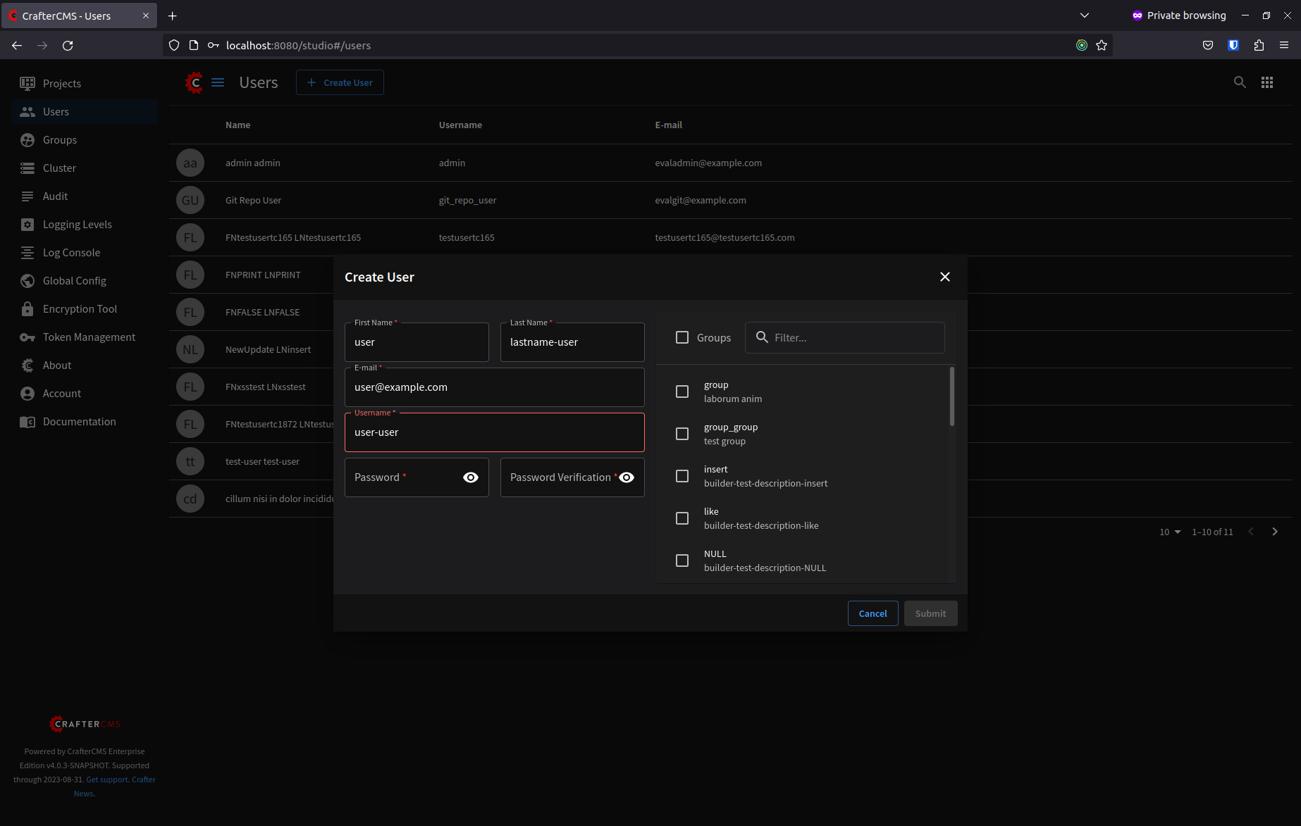 [studio-ui] Update `Users` and `Groups` form to adapt to new validation framework regex ...