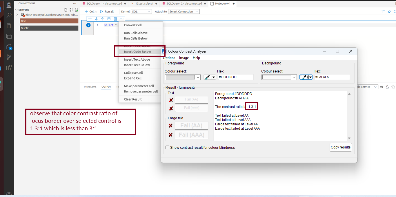 A11y_AzureDataStudio_Notebooks-Create_NonTextContrast: Color contrast ratio of focus border over ...