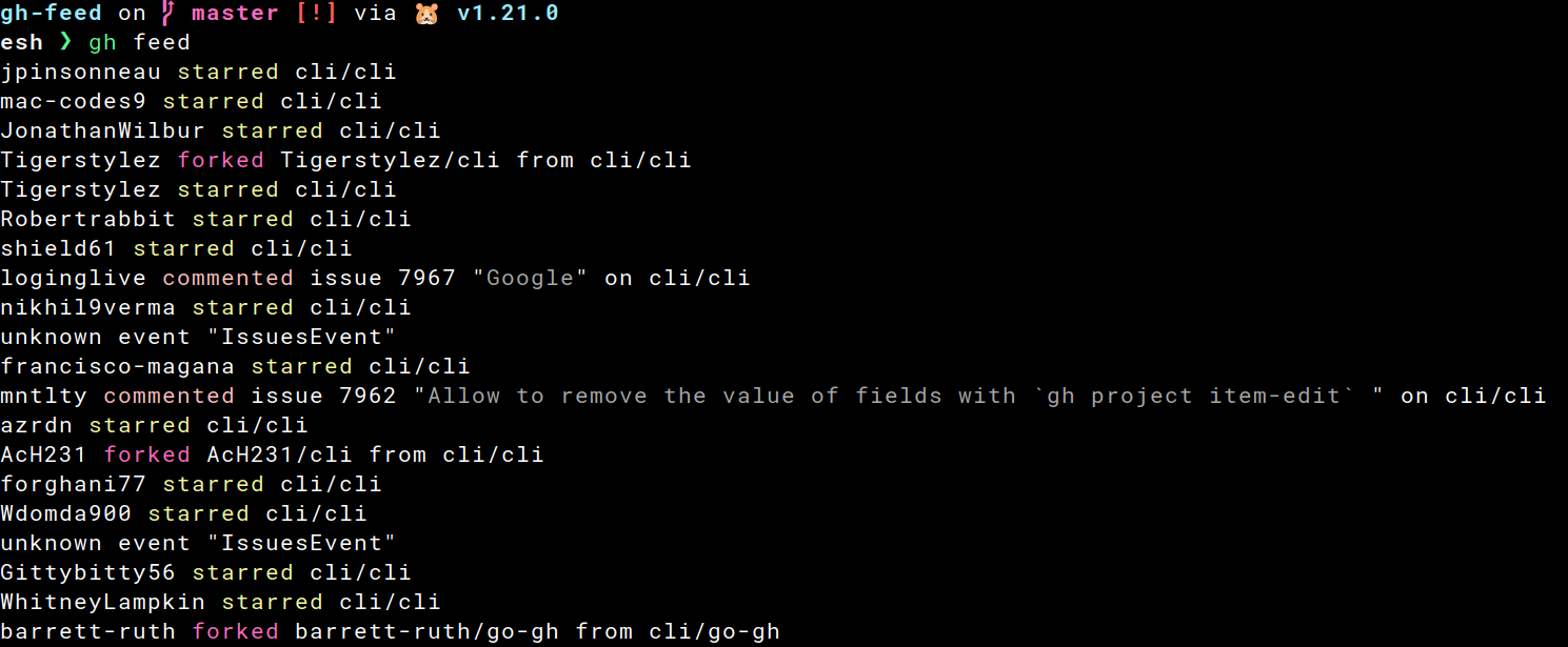 GitHub - rsteube/gh-feed: gh extension listing events