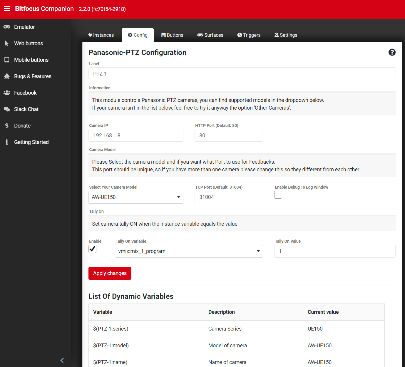 (Bug) Tally on Panasonic AE-150 Not Responding to VMix Program Variable · Issue #18 · bitfocus ...