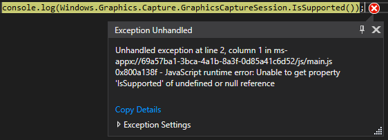 Is the Graphics.Capture API supported on Javascript UWP apps or PWAs on ... Is the Graphics.Capture API supported on Javascript UWP apps or PWAs on ...