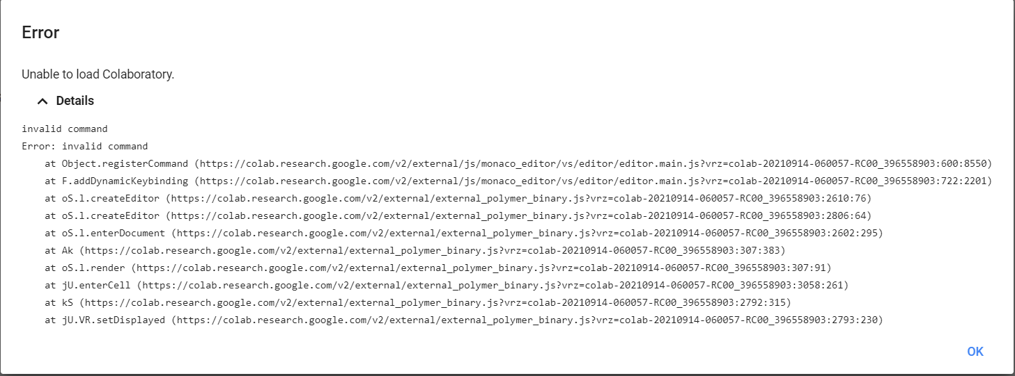 Unable to load collab. invalid command · Issue #2255 · googlecolab/colabtools · GitHub