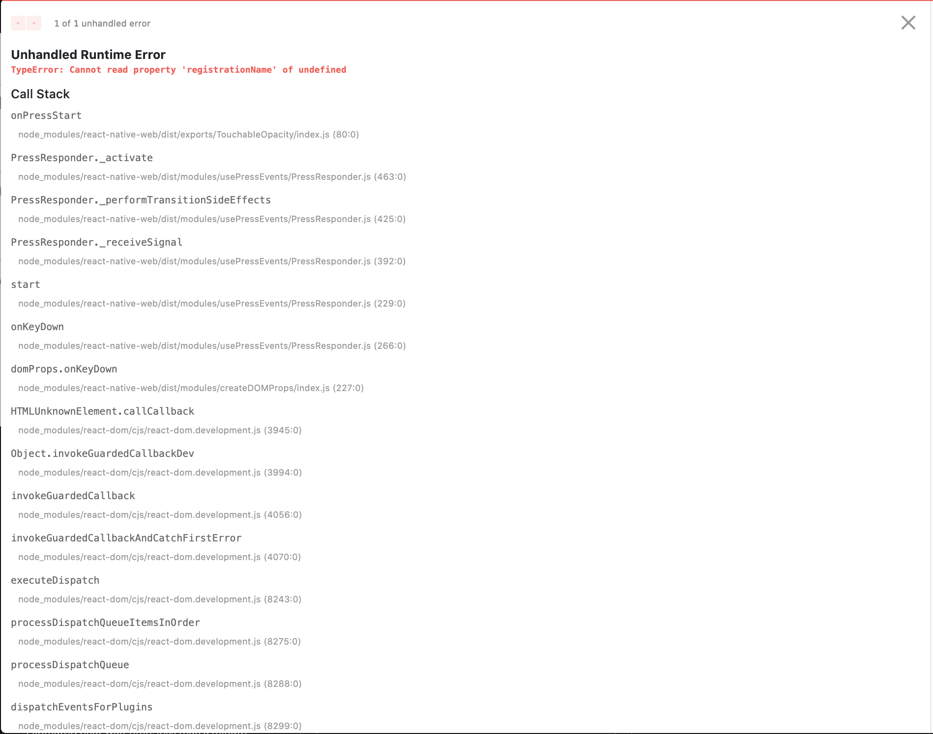 Tabbing to TouchableOpacity, TypeError: Cannot read property 'registrationName' of undefined ...