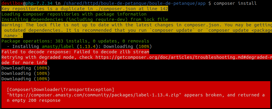 Get an error when we start composer install for magento package: Failed to decode zlib stream ...