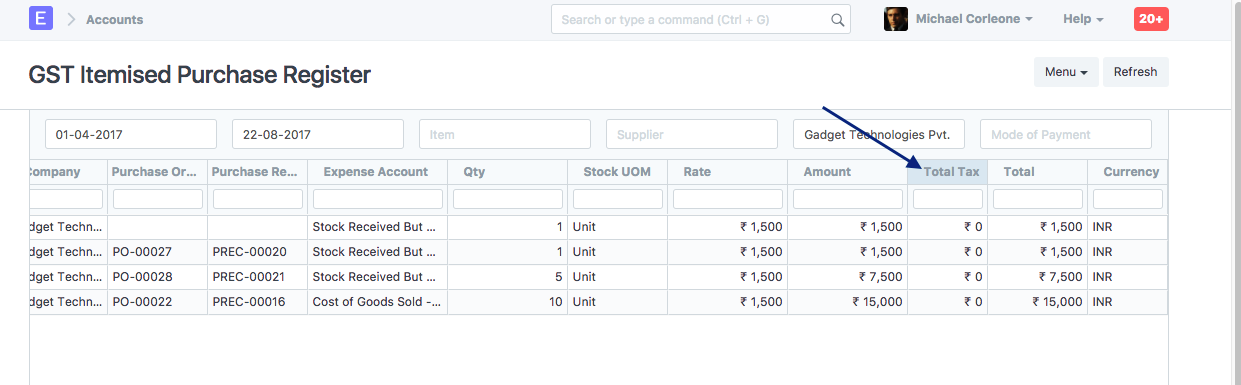 GST Itemised Purchase Register report - Total Tax column blank. No ...