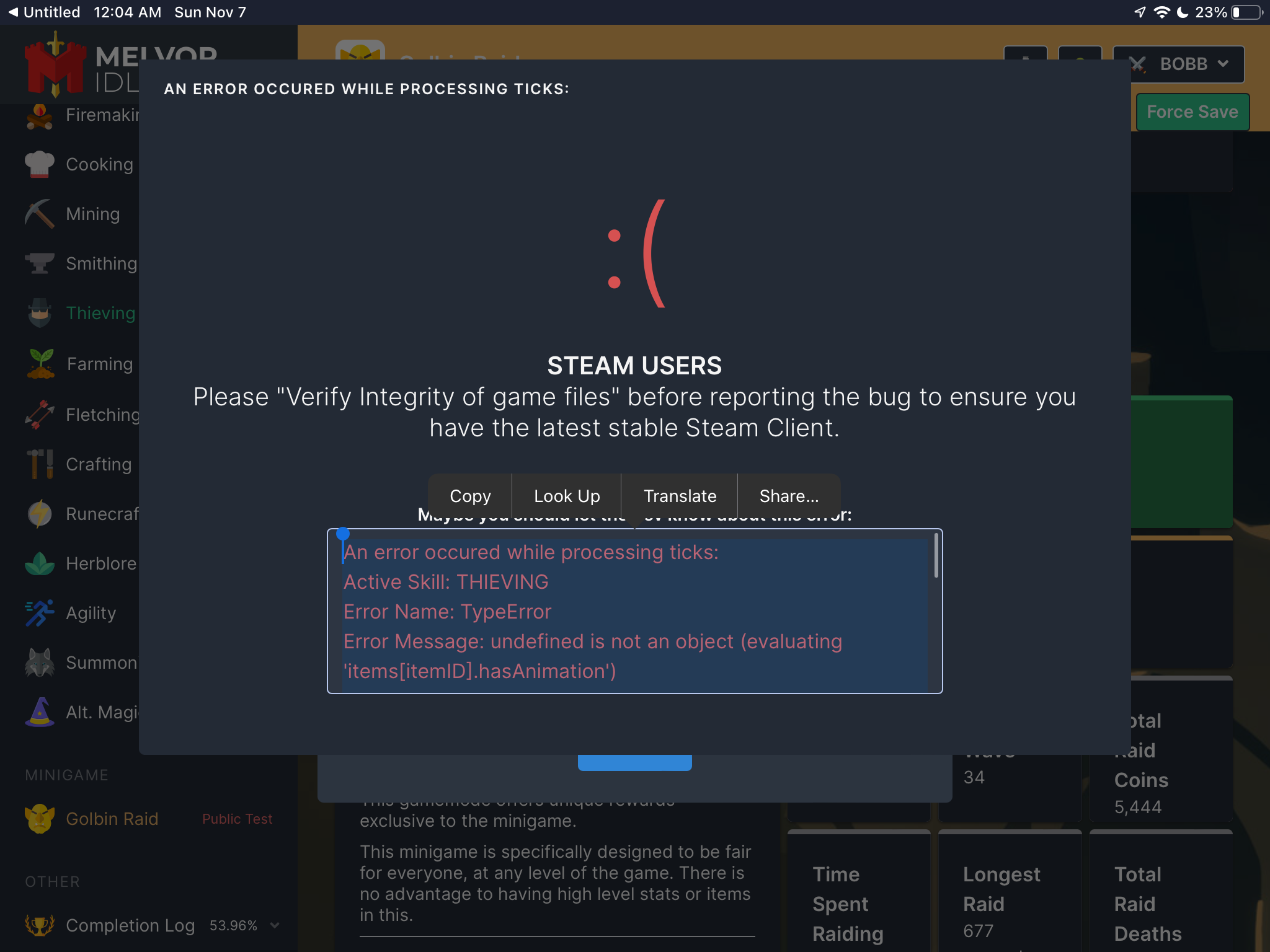 [Bug]: Some kind of error while thieving and doing the goblin raid · Issue #1581 · MelvorIdle ...