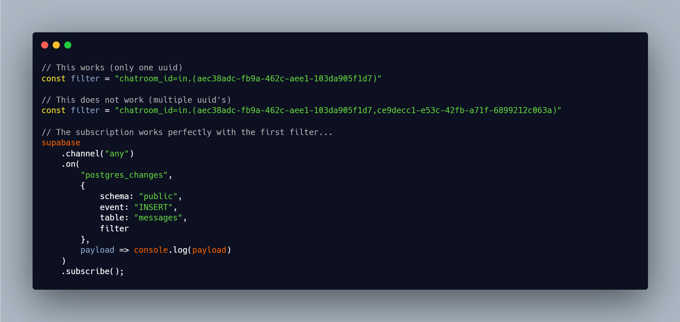 Is the in filter working? · Issue #528 · supabase/realtime · GitHub