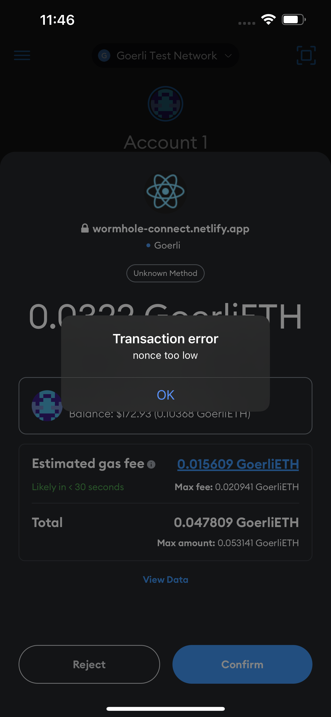 [QA] Error: Nonce too low, when starting transfer from Goerli, through WalletConnect wallet ...
