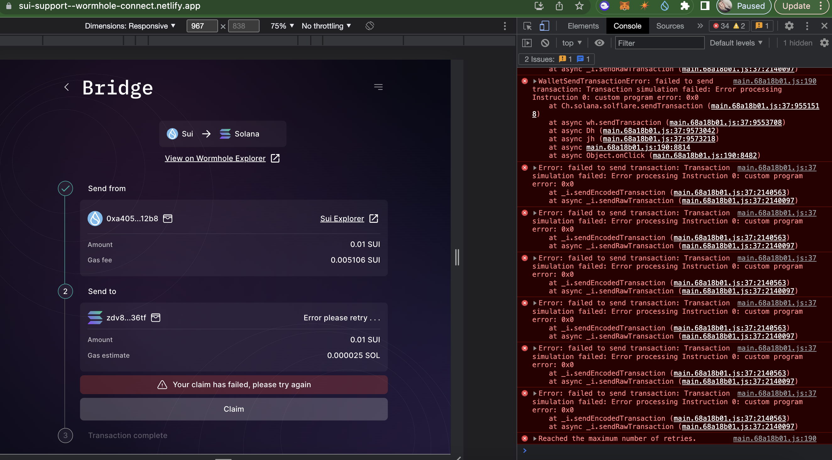 [QA] Cannot Claim if target wallet connected from Solflare, transaction Sui-Solana · Issue #542 ...