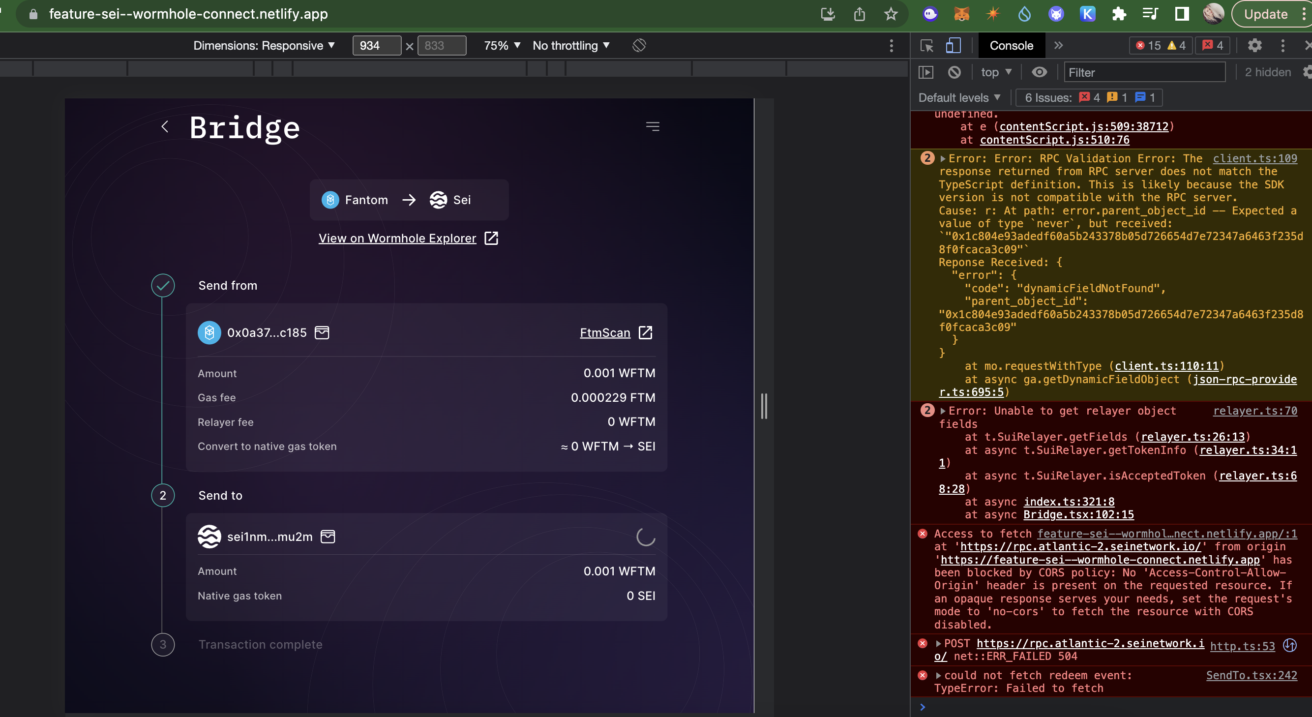 [QA] Transactions from/to Sei Network are stuck in Step 2 for more than ...