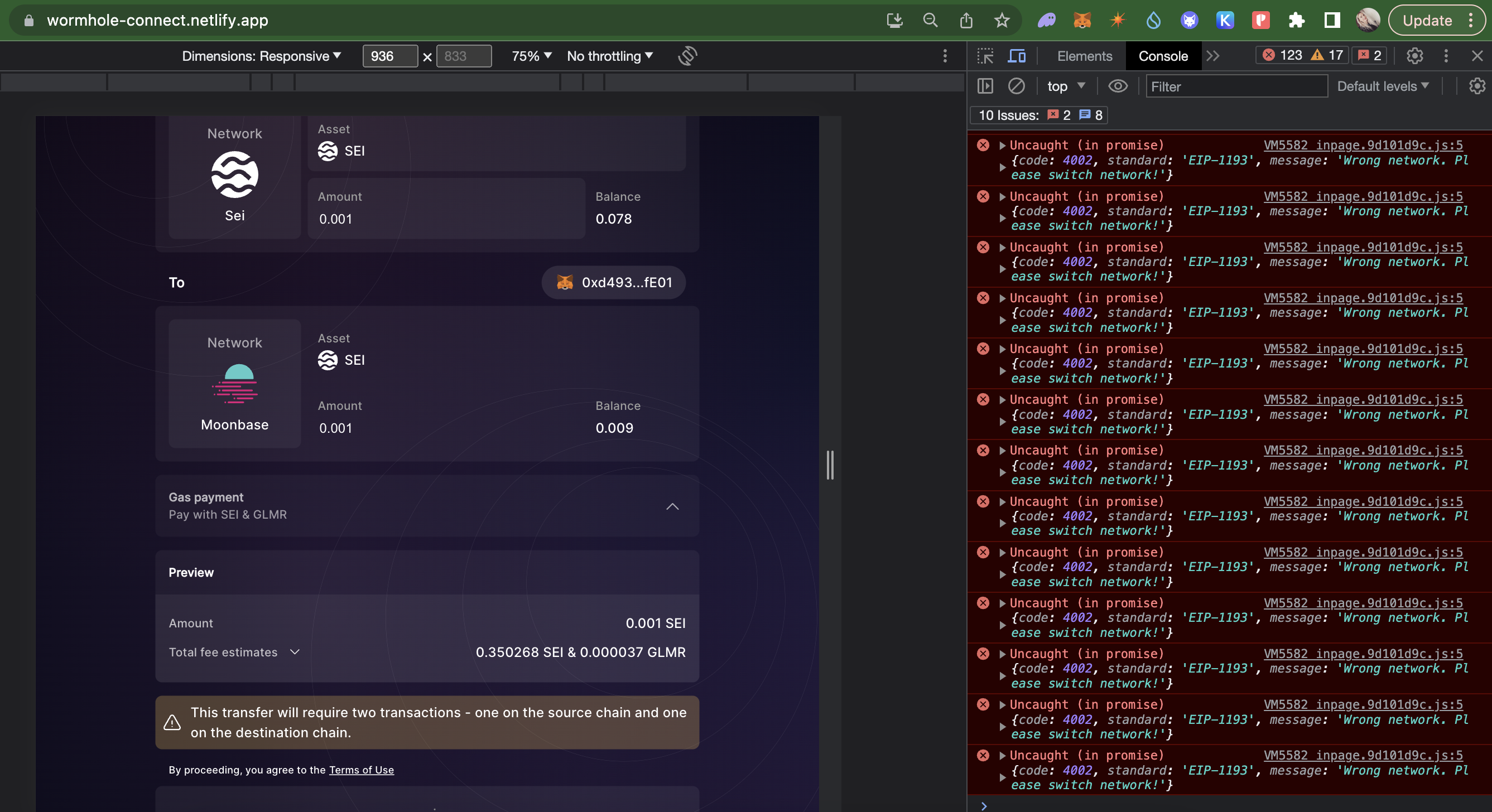 [QA] Unable to send SEI from Sei to Moonbase · Issue #768 · wormhole-foundation/wormhole-connect ...