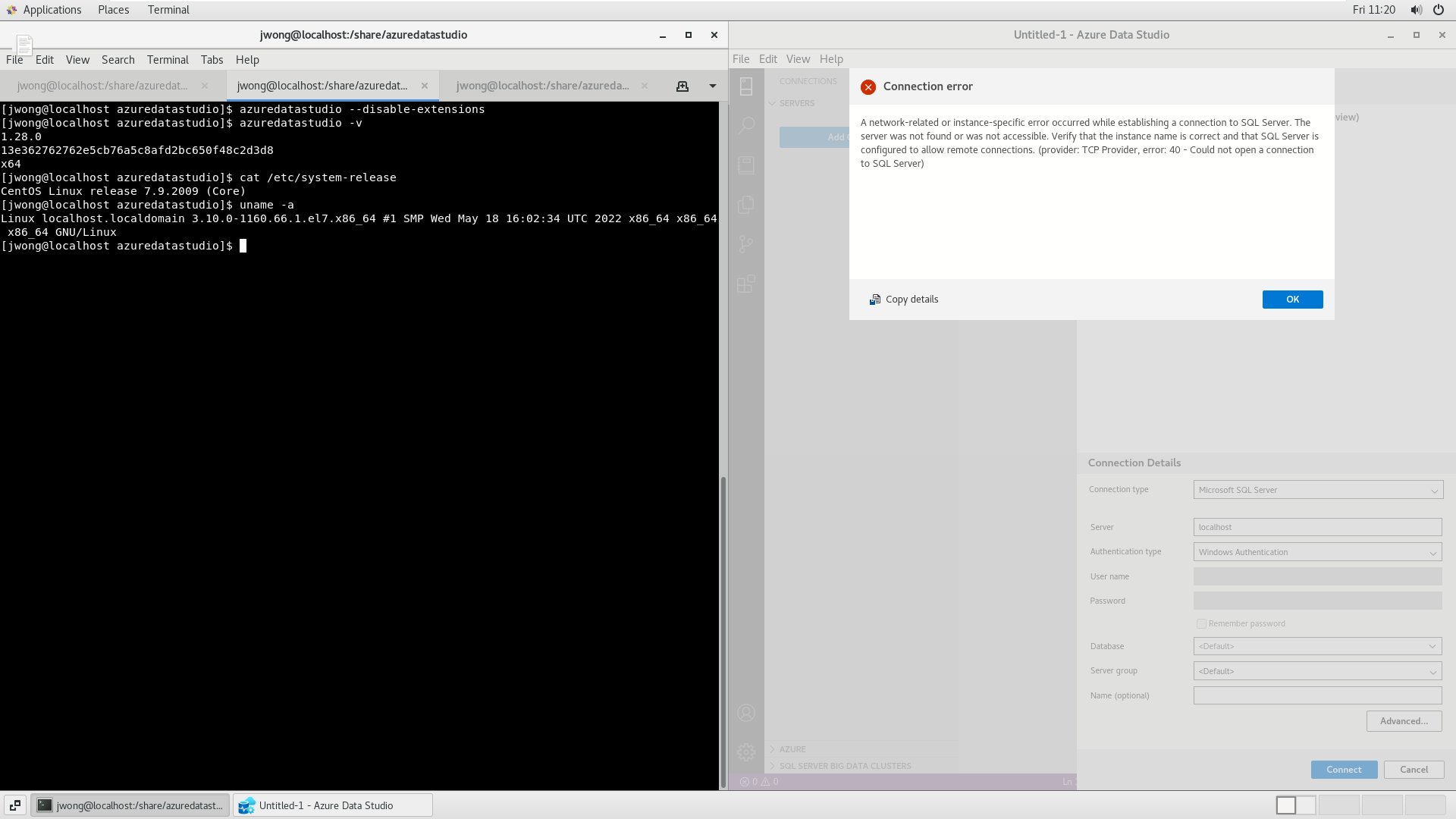 CentOS7 unable to connect to database · Issue #20151 · microsoft/azuredatastudio · GitHub
